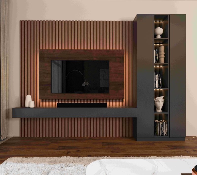 A TV unit decorated with smoked alder natural wood cladding