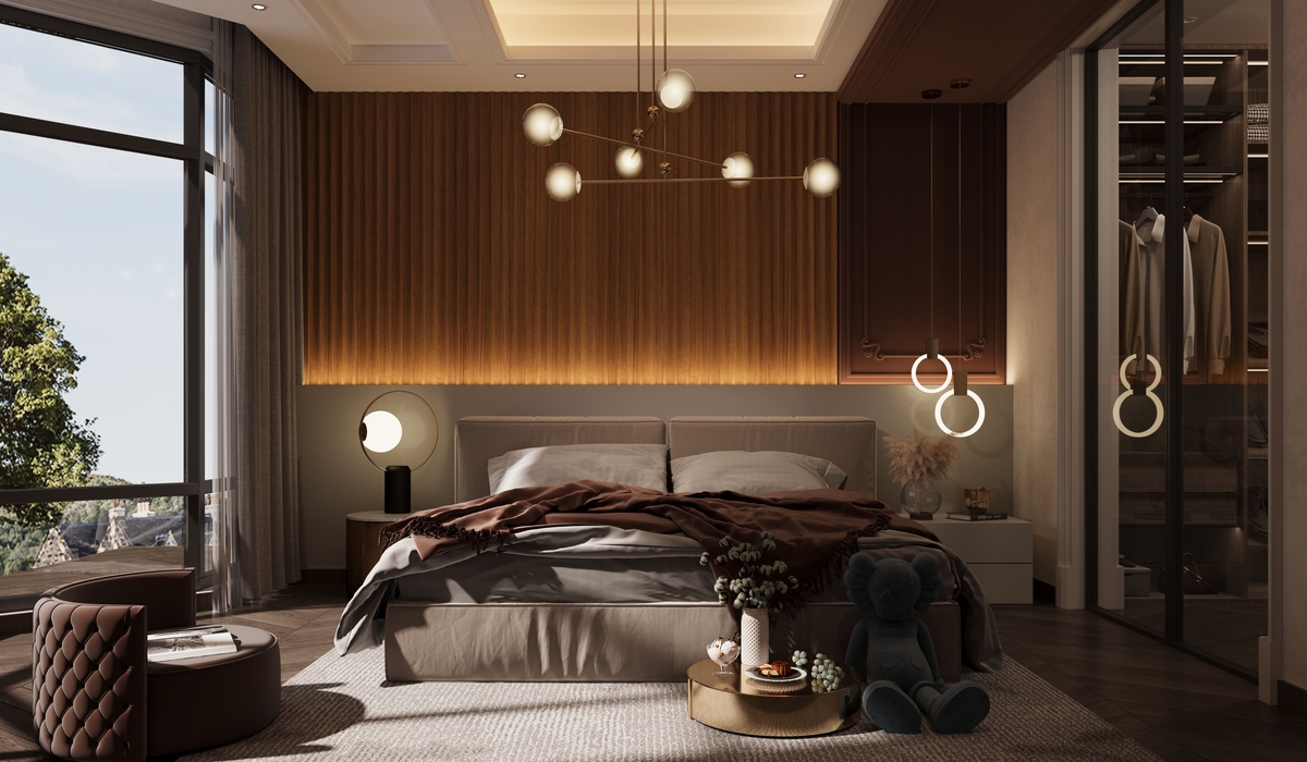 A bedroom with teak coloured AGT wall panels