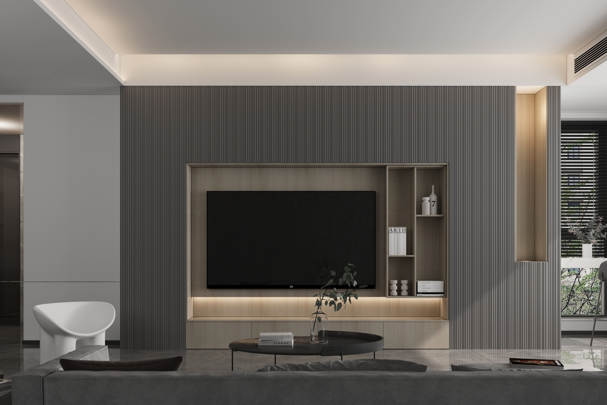 A TV unit decorated with solid wood panels from VIN